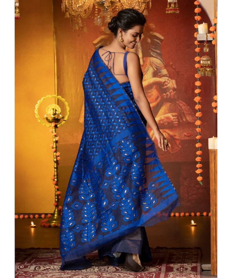 Blue Silk Jamdani Saree - BOVEEE - 3371973