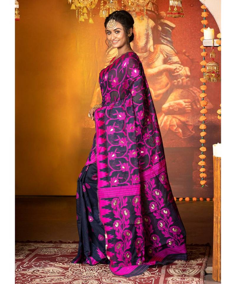 Navy Blue Patli Pallu Silk Jamdani Saree - BOVEEE - 3372009