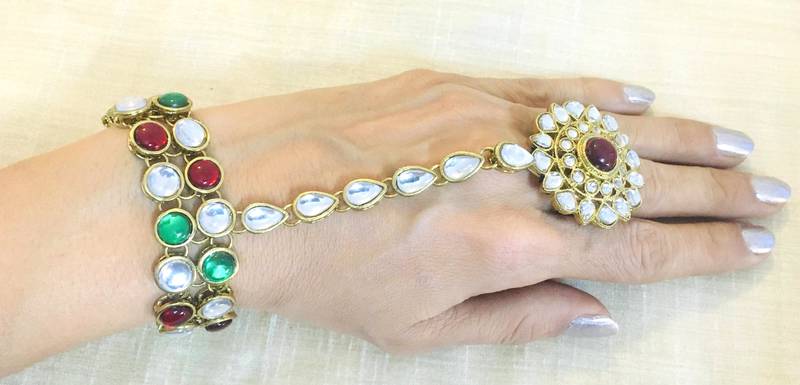 Single Haath Phool Panja Ring gold plated Kundan Red Green - ETHNIC ...