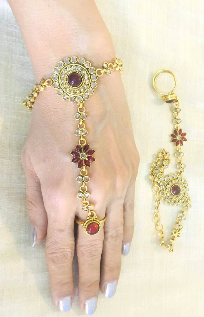 Haath Phool ring Panja Pair Gold plated polki Maroon - ETHNIC INDIA ...