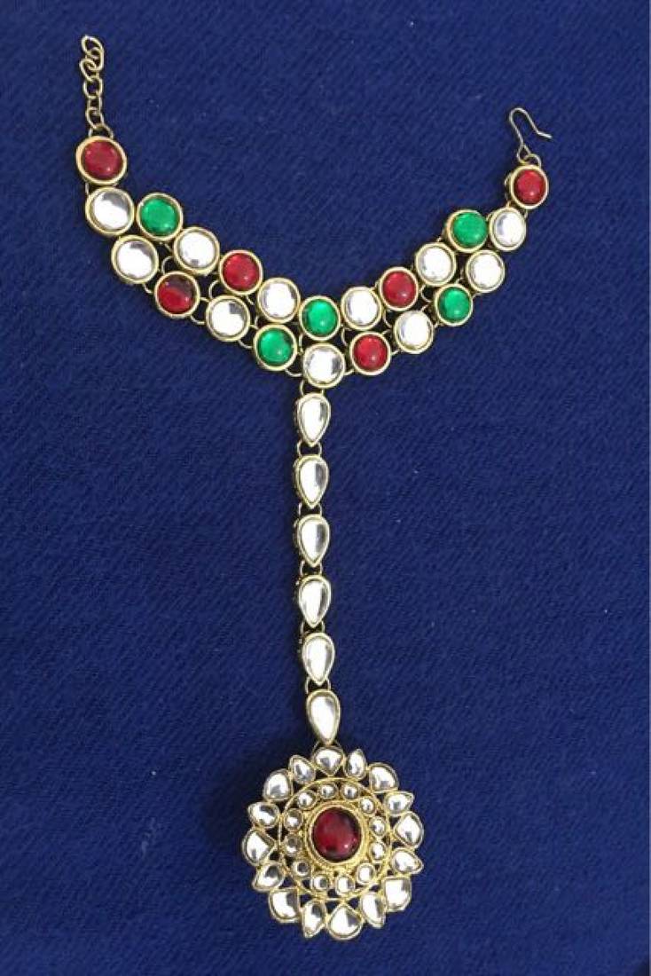 Single Haath Phool Panja Ring gold plated Kundan Red Green - ETHNIC ...