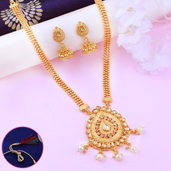 Gold Plated Long Set Three Line Chain Oval Shape Pandal With White ...