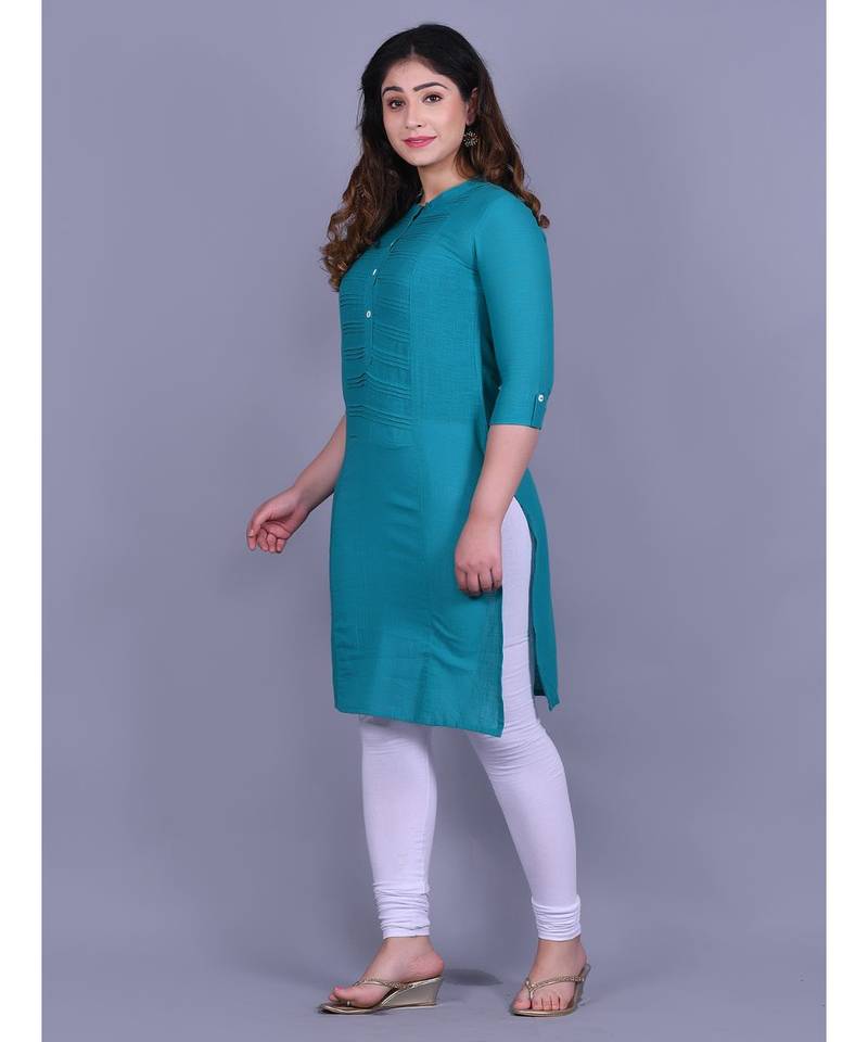 Turquiose Cotton 3/4th Sleeves Solid Womens Kurta - PinkCity Style ...