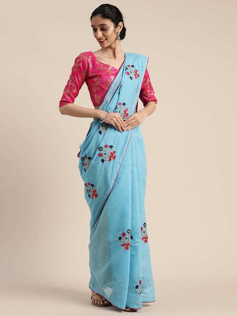 Sky blue embroidered chanderi saree with blouse - DIVAASTHA - 3379110