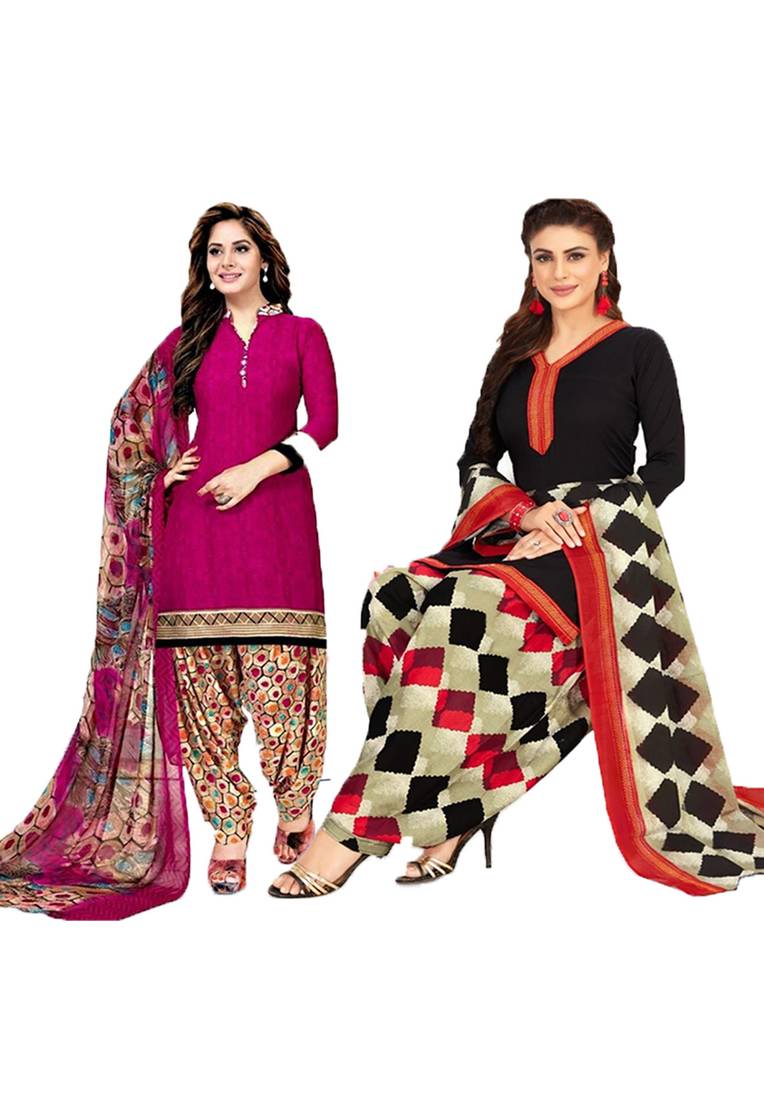 Mirraw Classique Pink and Black Crepe Printed Salwar Suits Unstitched ...