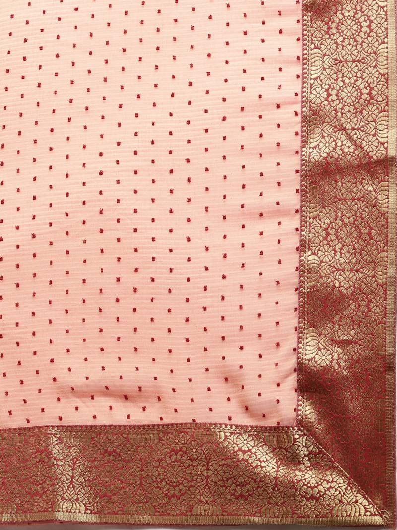 Peach printed polyester saree with blouse - DIVAASTHA - 3385135