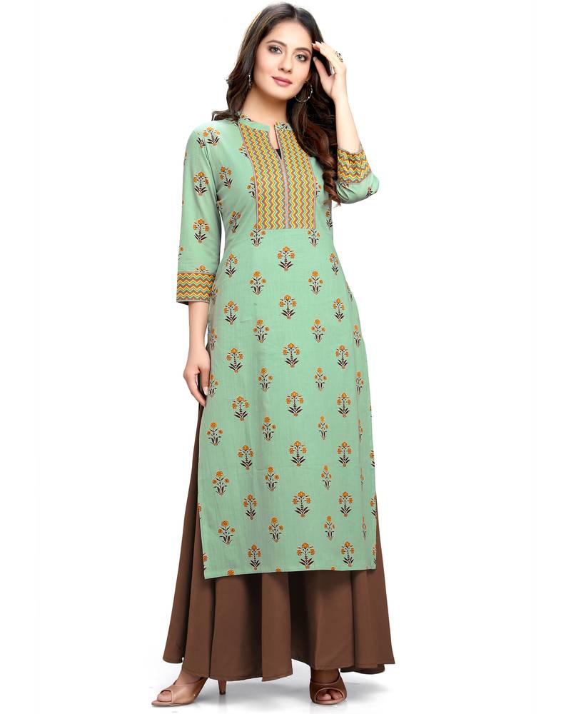 Teal-green printed cotton ethnic-kurtis - Rajnandini - 3393586