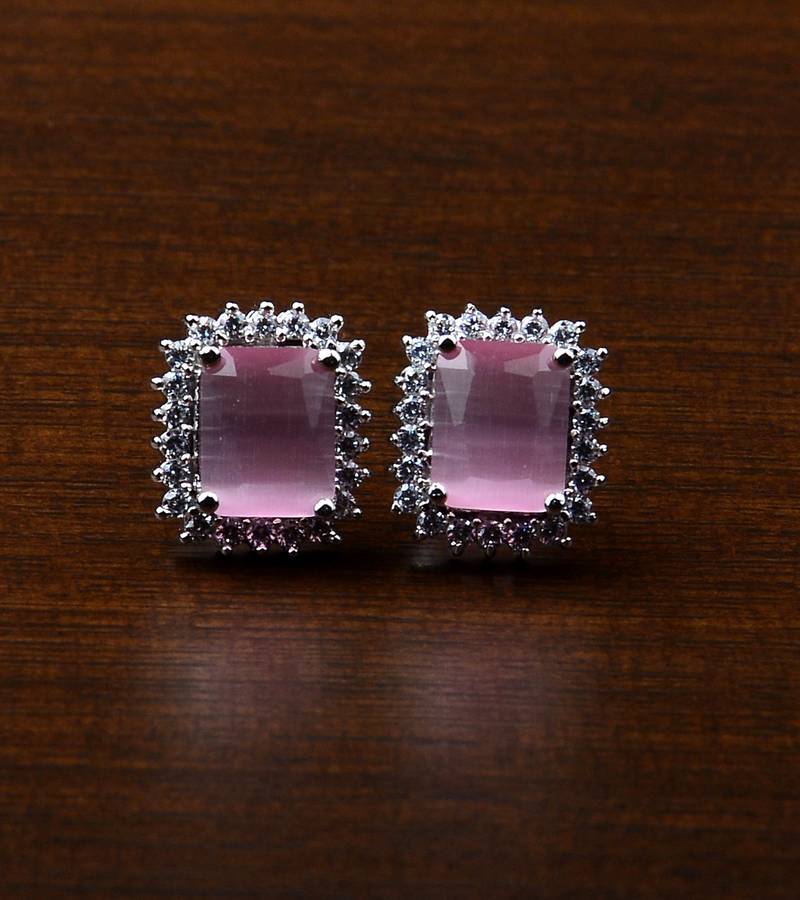 Rhodium Plated Baby Pink Stone Embellished American Diamond Stud ...