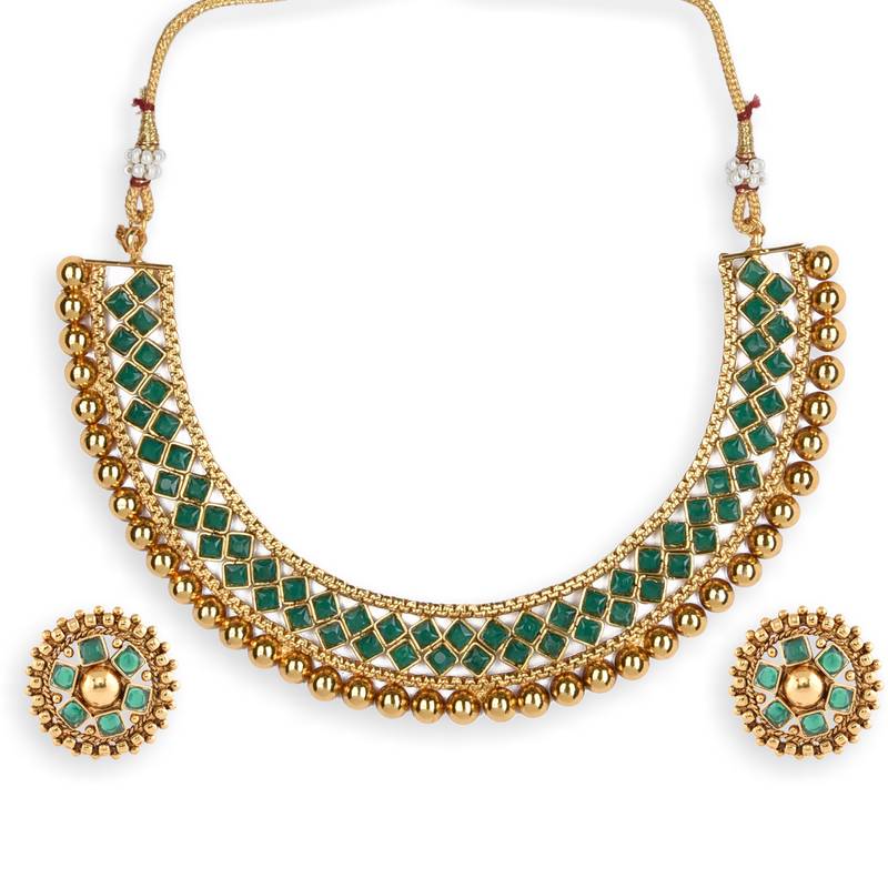Green Stone Studded Metallic Necklace Sets - Classiques - 3033659
