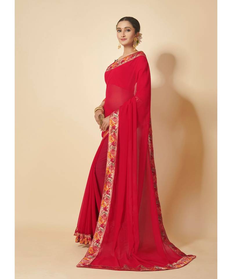 Red Color Embroidered Lace Border Georgette Feel Art Silk Saree With ...
