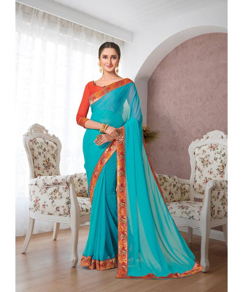 Turquoise Color Embroidered Lace Border Georgette Feel Art Silk Saree ...