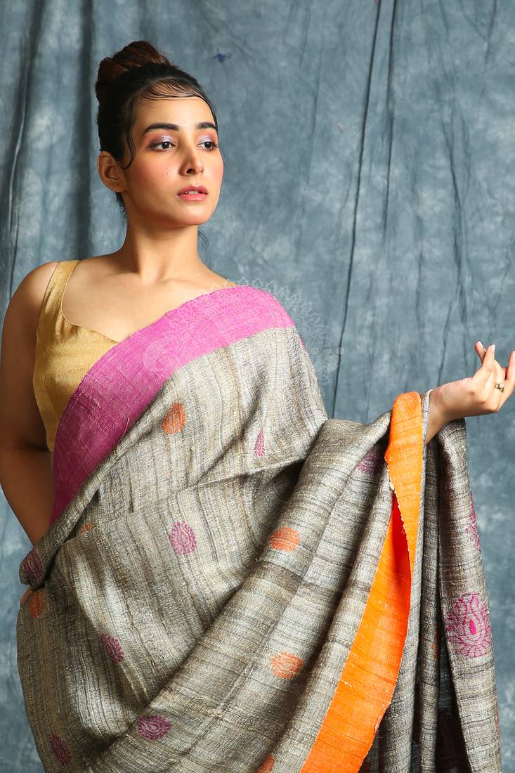 Grey woven tussar saree with blouse - Charukriti - 3407271