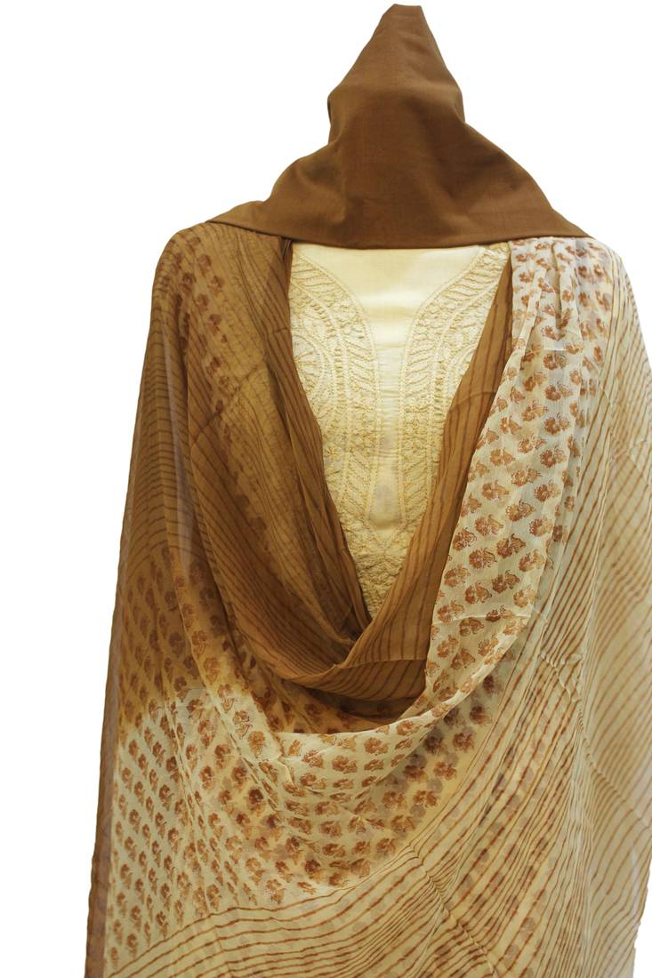 Beige Brown Cotton Chikankari Block Print Unstitched Suit - Suroh by ...