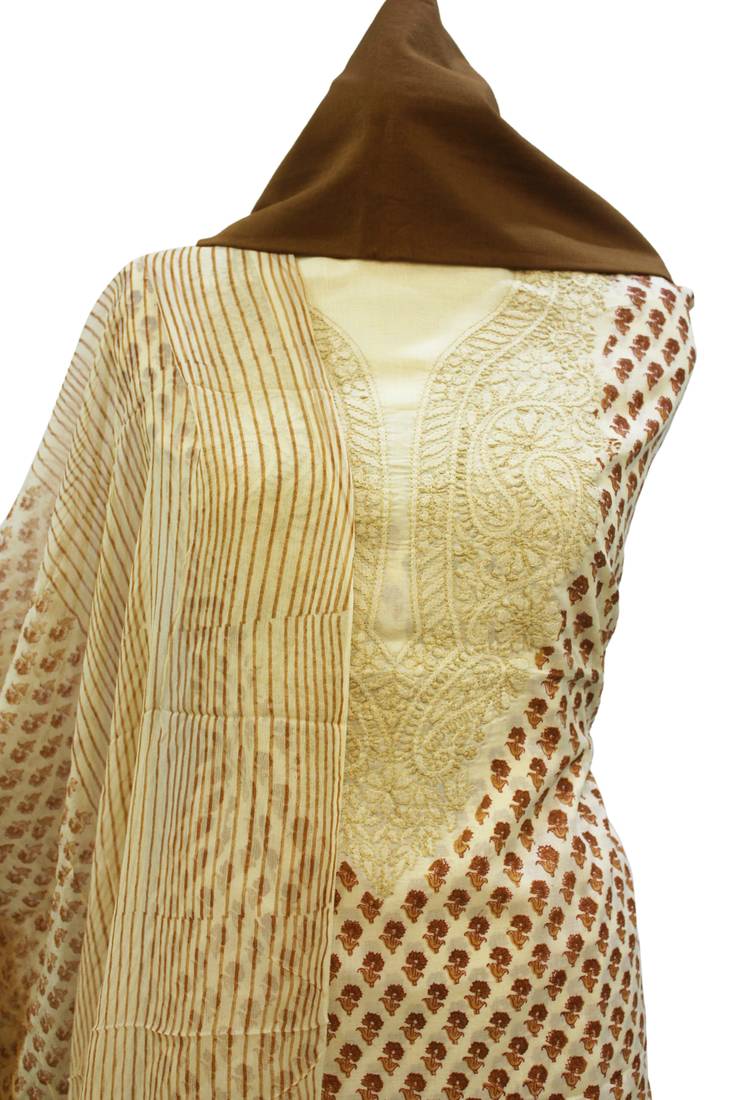 Beige Brown Cotton Chikankari Block Print Unstitched Suit - Suroh by ...