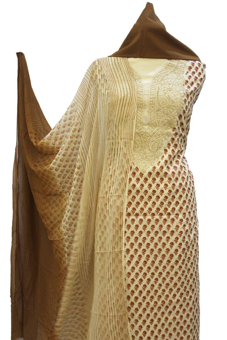 Beige Brown Cotton Chikankari Block Print Unstitched Suit - Suroh by ...