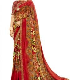 Red printed georgette saree with blouse - Triveni - 3408347