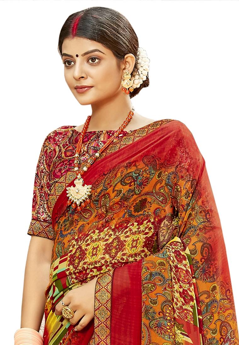 Red printed georgette saree with blouse - Triveni - 3408347