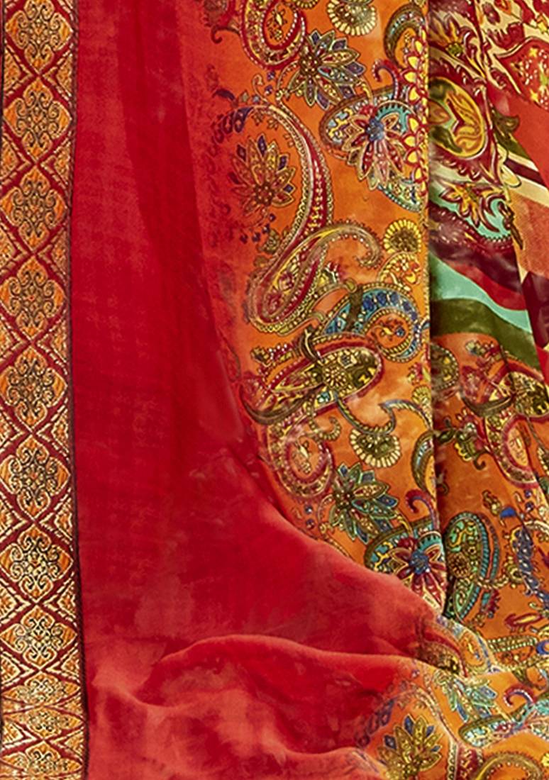 Red printed georgette saree with blouse - Triveni - 3408347