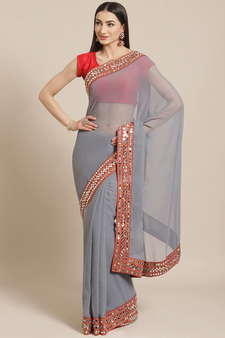 Mirror Work Saree | Mirror Work Fancy Embroidery Sarees Online | Mirraw