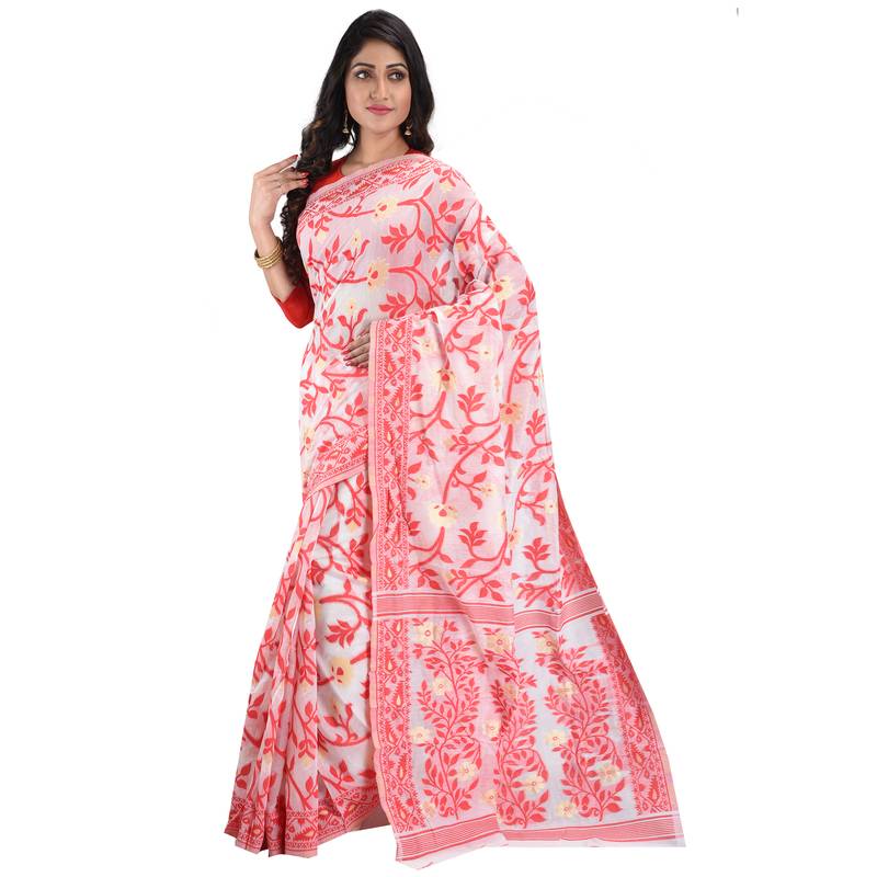 Red hand woven khadi saree with blouse - Desh Bidesh - 3415863