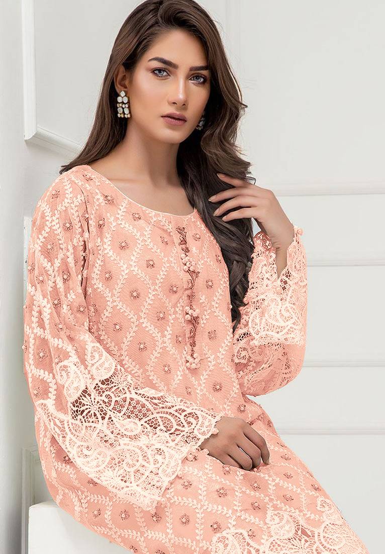 Peach embroidered georgette pakistani salwar kameez - ZELLY - 3424423