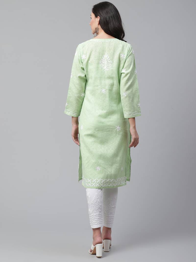 Light-green embroidered cotton embroidered-kurtis - Saadgi - 3432304