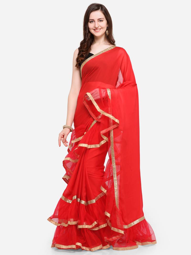 Red plain crepe saree with blouse - Four Seasons - 3433221