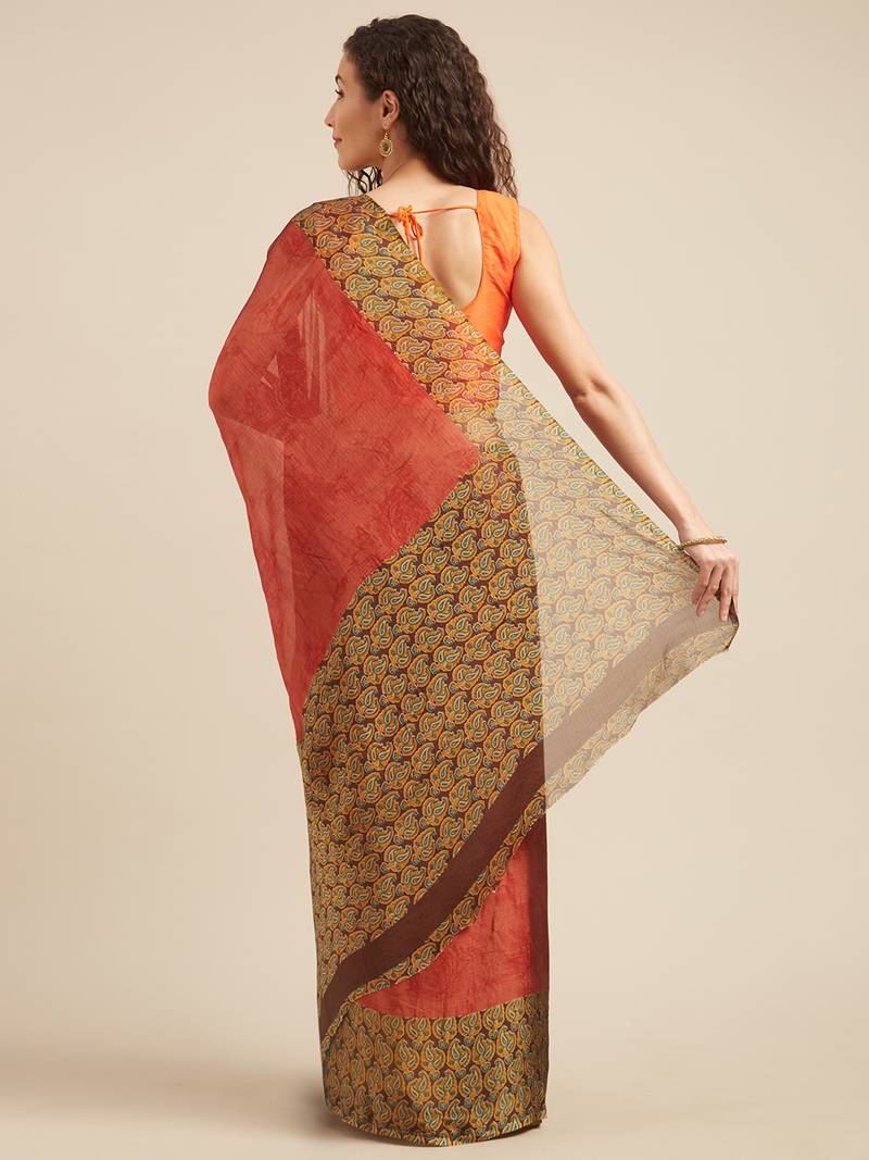 Rust printed satin saree with blouse - Four Seasons - 3433279
