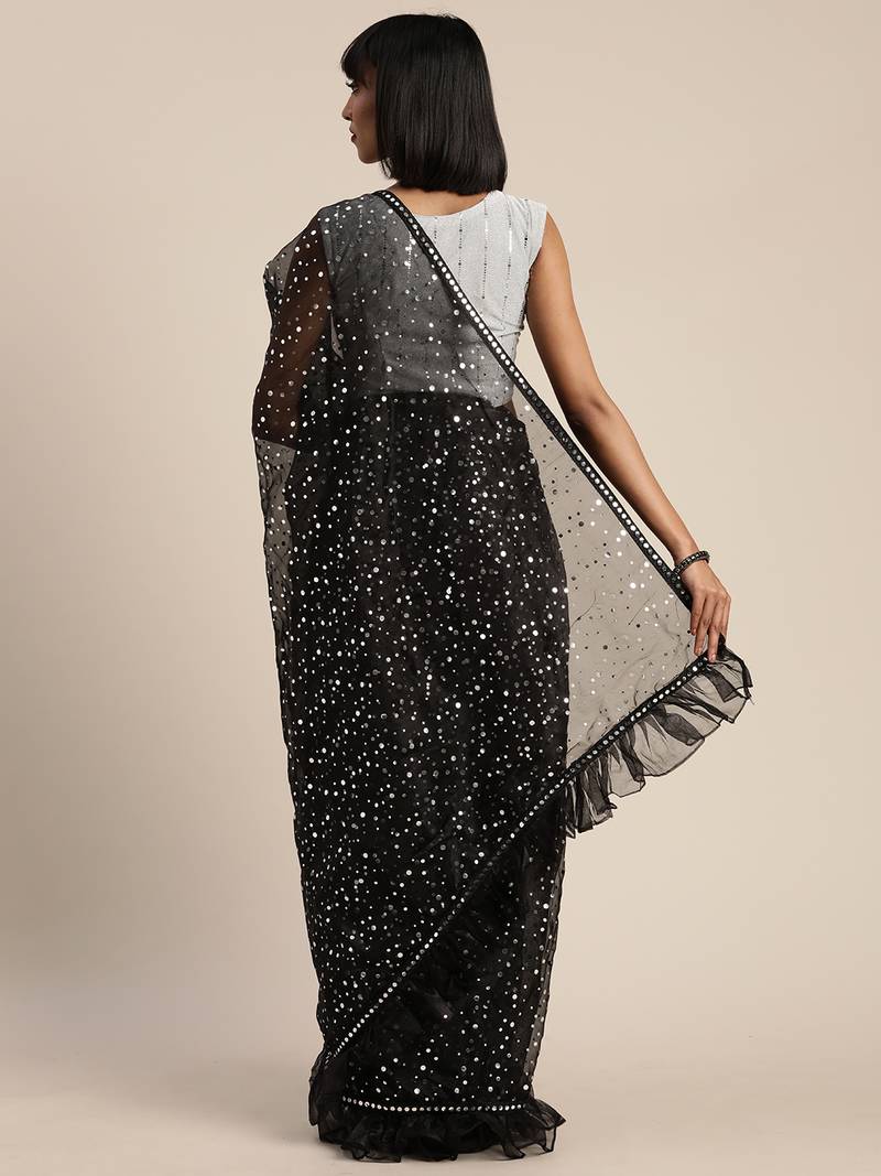 Black plain organza saree with blouse - Four Seasons - 3433298