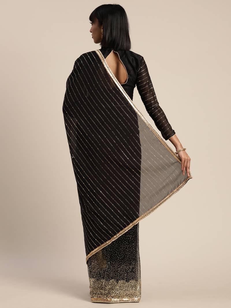 Black plain net saree with blouse - Four Seasons - 3433300