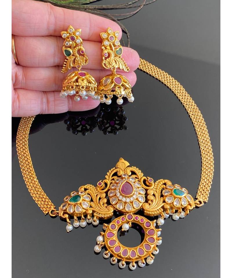 Beautiful Matte Finish Ruby Green Peacock Designer Choker Set Dj28996 ...