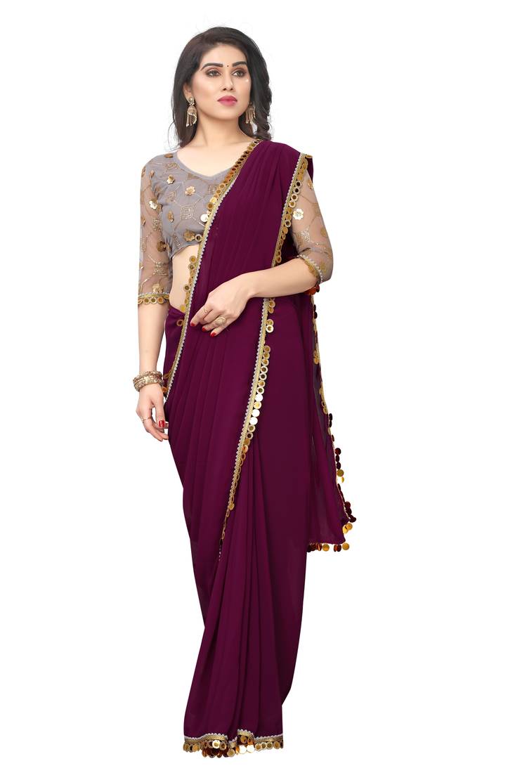 Georgette Wine Colour Saree - AASVAA FASHION - 3441225