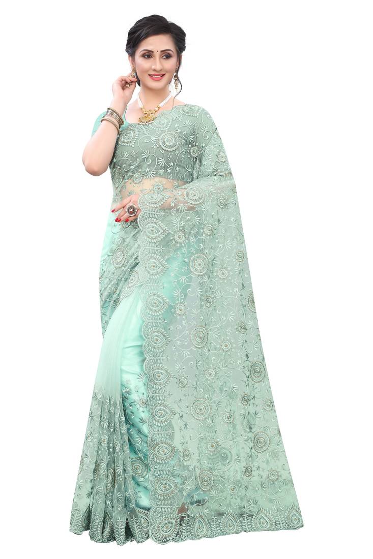 Turquoise embroidered net saree with blouse - Samvegi Creation - 3442190