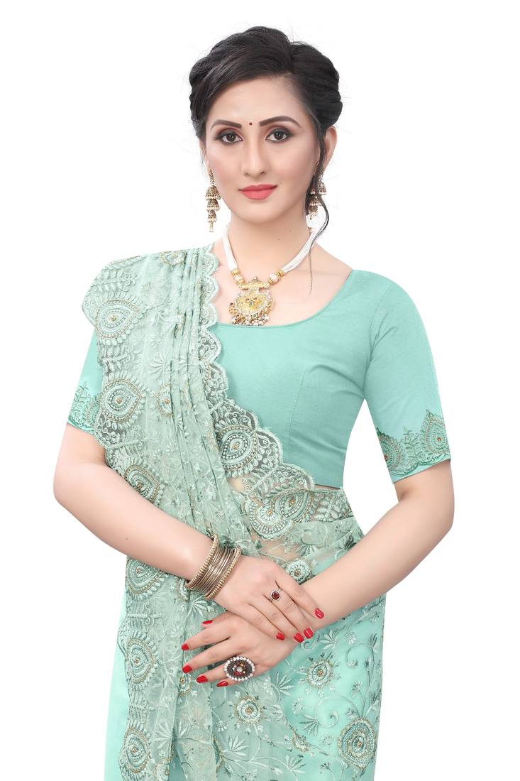 Turquoise embroidered net saree with blouse - Samvegi Creation - 3442190