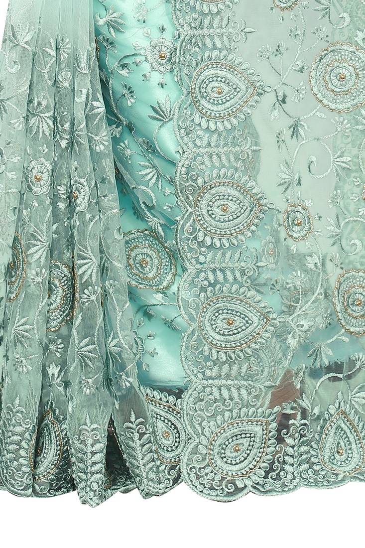Turquoise embroidered net saree with blouse - Samvegi Creation - 3442190
