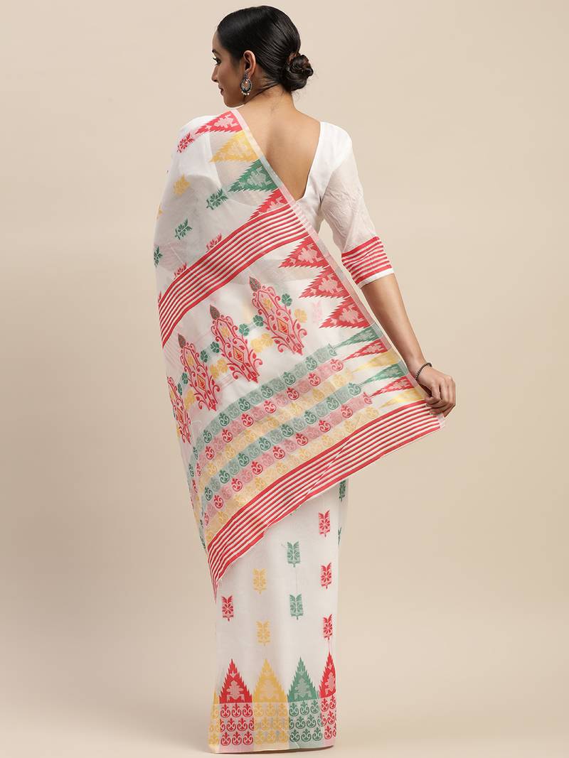 White woven silk cotton saree with blouse - DIVAASTHA - 3444681