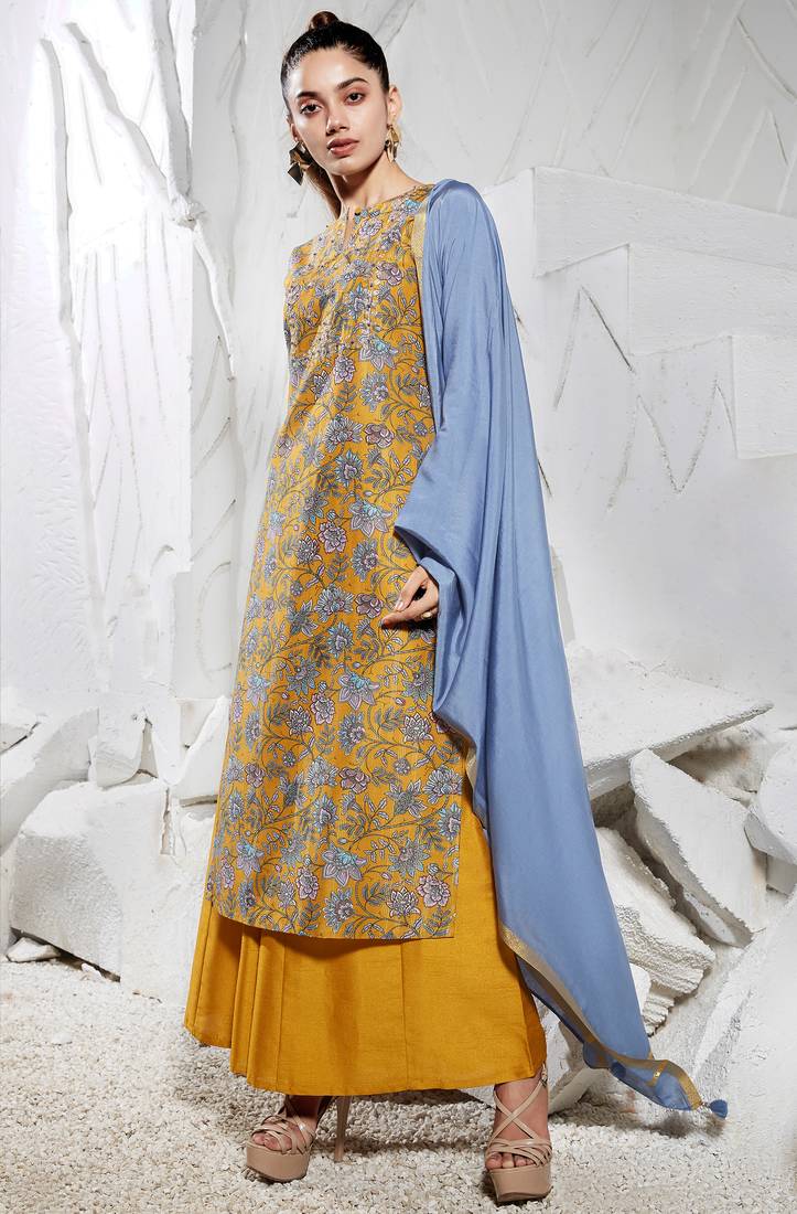 Mustard embroidered polyester salwar - Janasya - 3445046