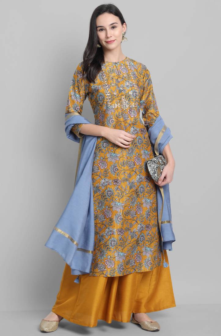 Mustard embroidered polyester salwar - Janasya - 3445046