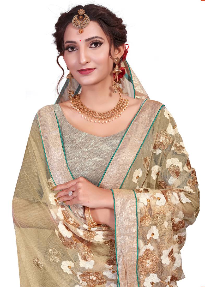 Beige plain net saree with blouse - KAD CREATIONS - 3448101