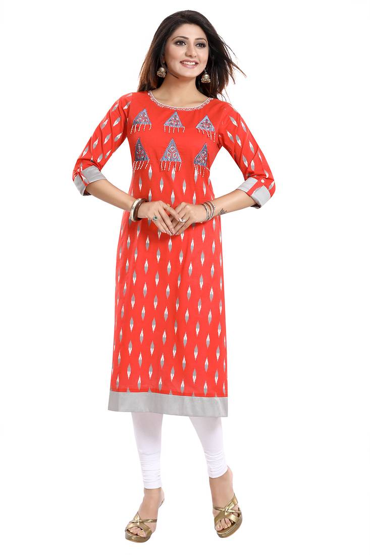 Red embroidered cotton party-wear-kurtis - Saree Swarg - 3451013