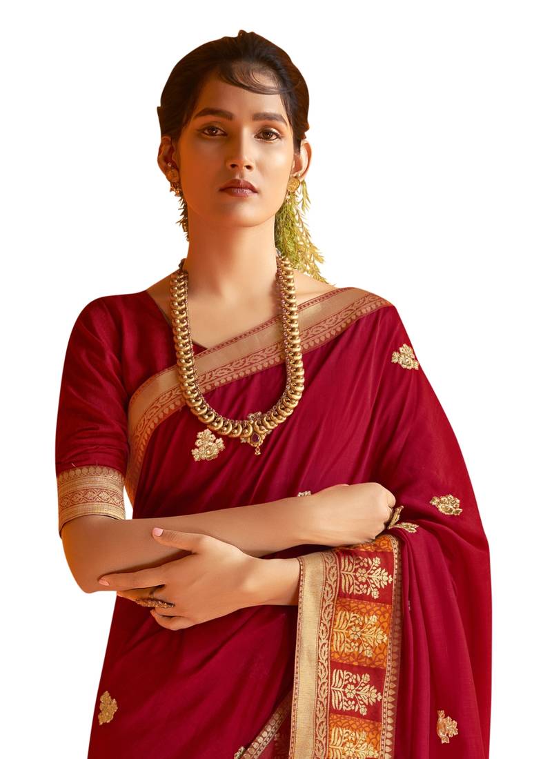 Red embroidered chanderi silk saree with blouse - SHAKUNT WEAVES - 3451246
