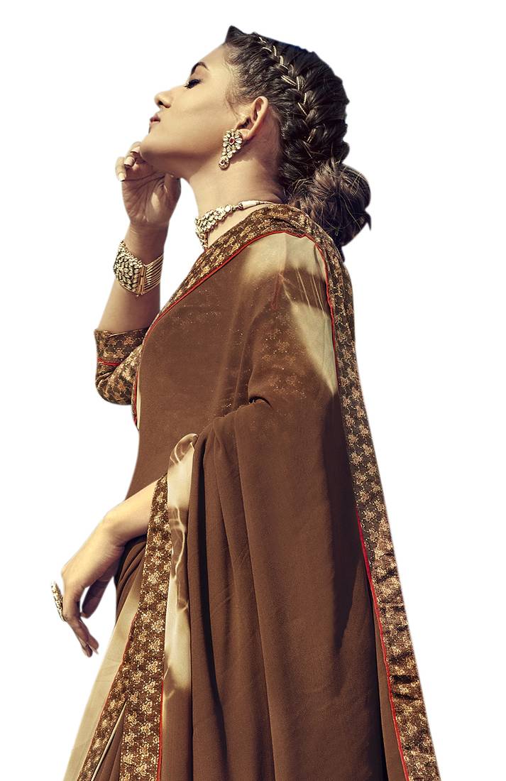 Brown printed georgette saree with blouse - Triveni - 3451690