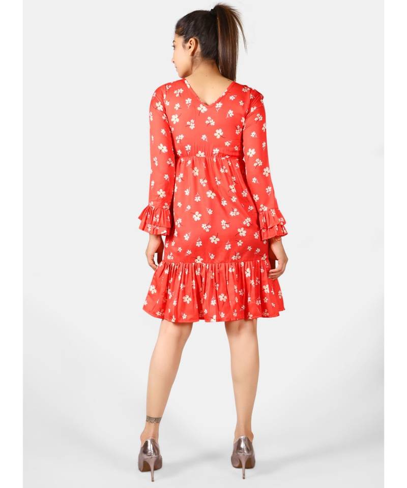 Cherry red digital printed retro short tunic dress - MESMORA - 3452667