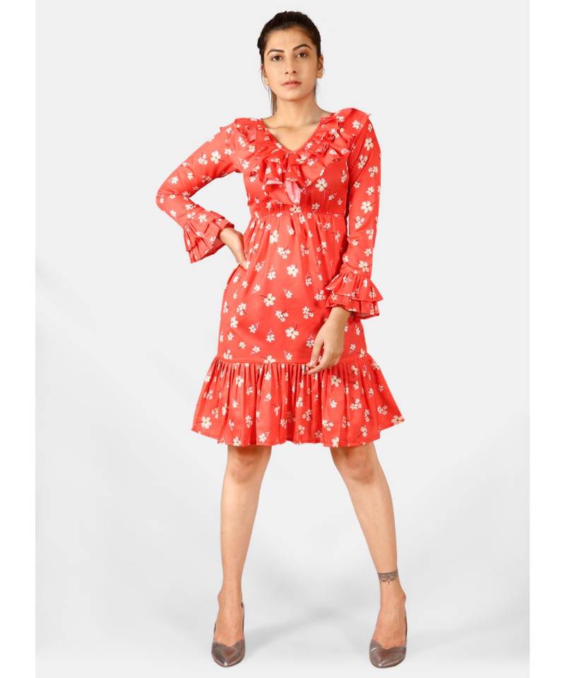Cherry red digital printed retro short tunic dress - MESMORA - 3452667