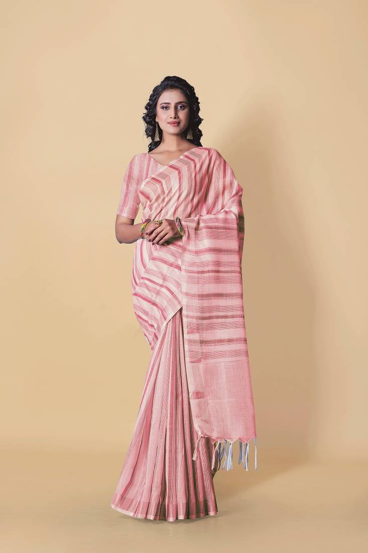 Light Pink Color Cotton Linen Stripped Design Printed Saree For Women's ...