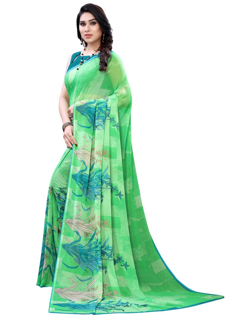 Light parrot green printed chiffon saree with blouse - Satrani Fashion ...