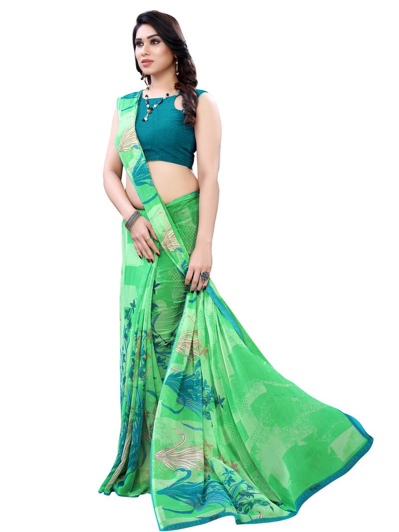 Light parrot green printed chiffon saree with blouse - Satrani Fashion ...