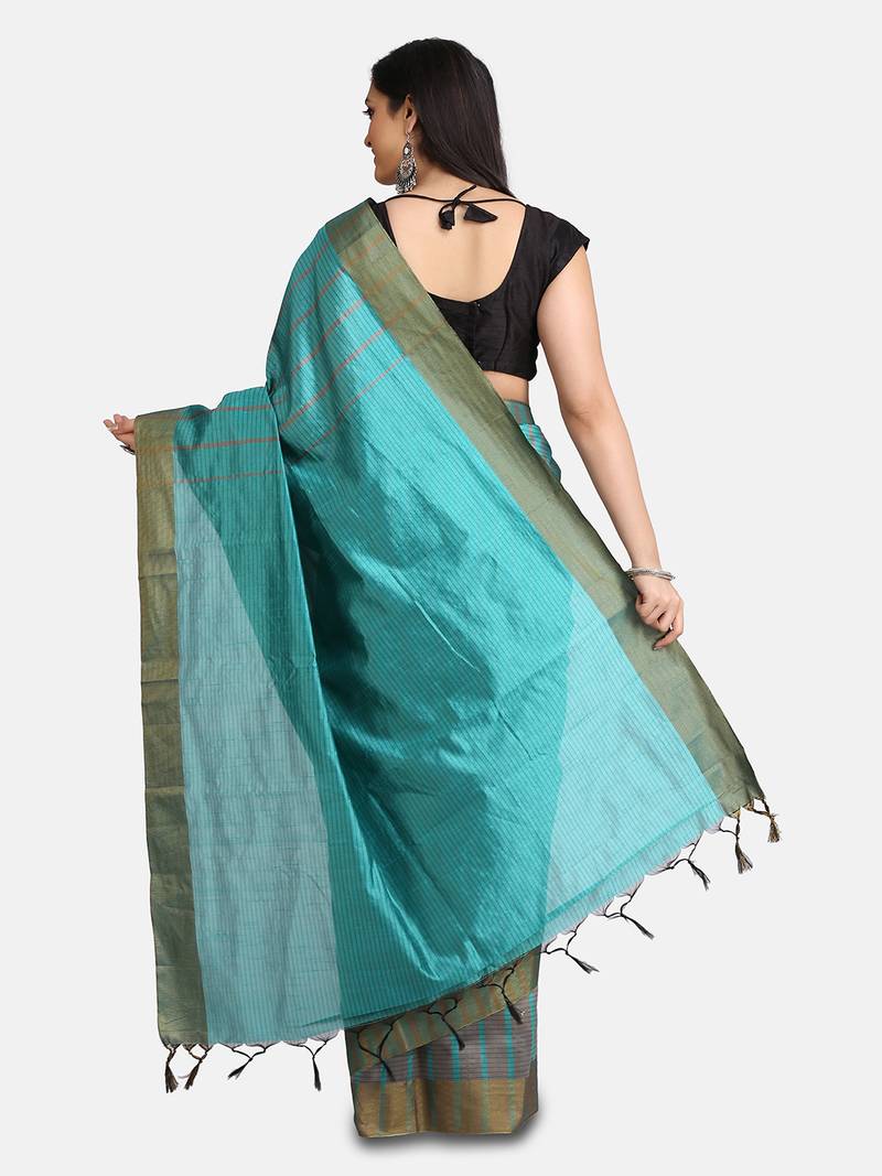 dark_turquoise woven cotton saree with blouse - Yashika - 3341387