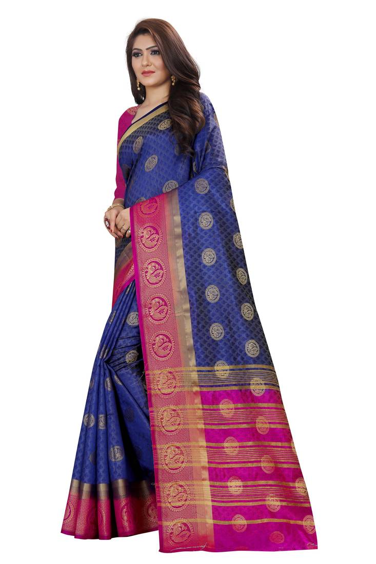 Nevy Blue color kanjivaram silk with weaving peacock jari butta saree ...