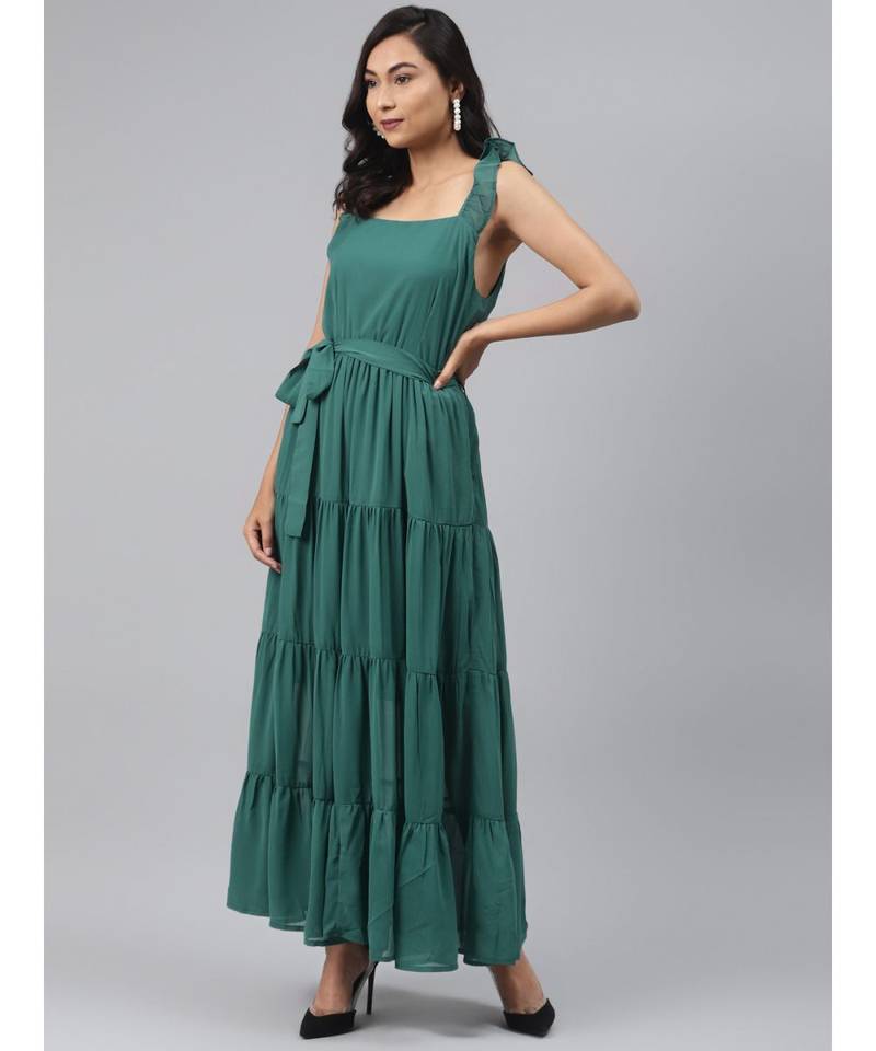 Emerald Green Frilly Straps Tiered Maxi Dress - SASSAFRAS - 3464993